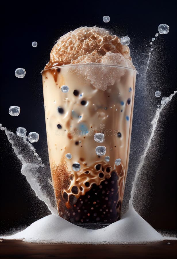 Cold Tea with Tapioca and Falling Pieces of Ice into a Glass. AI ...