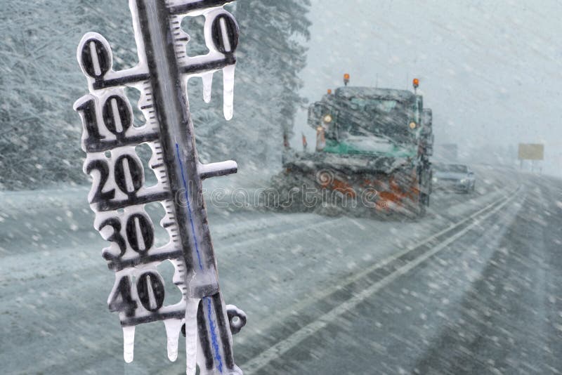 Cold Temperature with Snow and Ice at Winter on Road Stock Photo ...