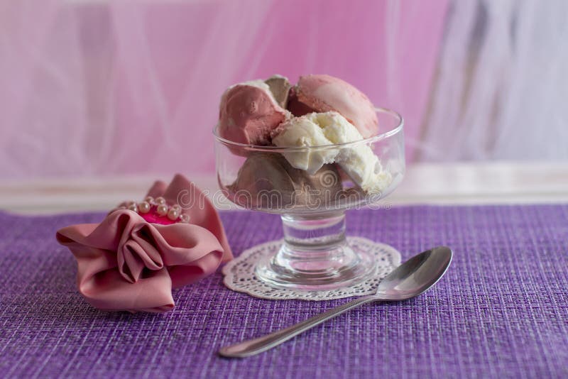 Cold Three-color Ice Cream. Stock Image - Image of variety, wooden ...