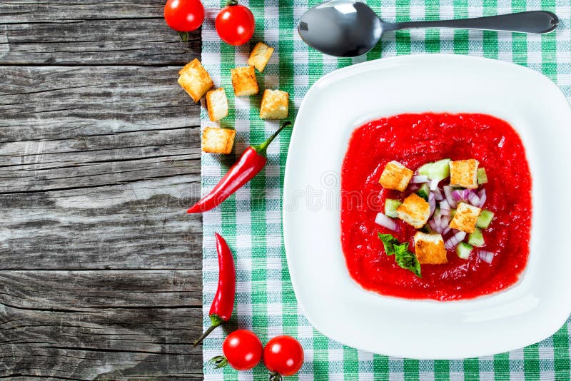 Cold Tomato Soup in a White Square-shaped Plate, Top View. Stock Photo ...