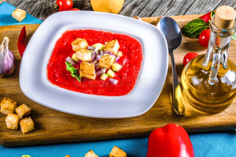 Cold Tomato Soup in a White Square-shaped Plate, Top View. Stock Photo ...