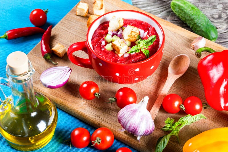 Cold Tomato Soup in a White Square-shaped Plate, Top View. Stock Image ...