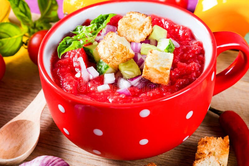 Cold Tomato Soup in a White Square-shaped Plate, Top View. Stock Photo ...
