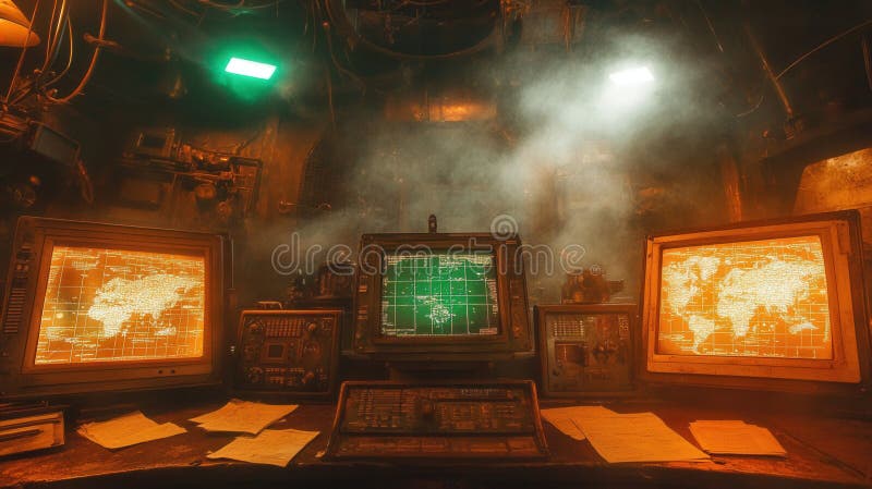 Cold War Military Command Room with Dusty Radar Screens and Eerie ...