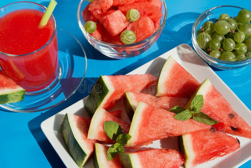 Cold Watermelon Juice and Sliced Watermelon Stock Image - Image of ...