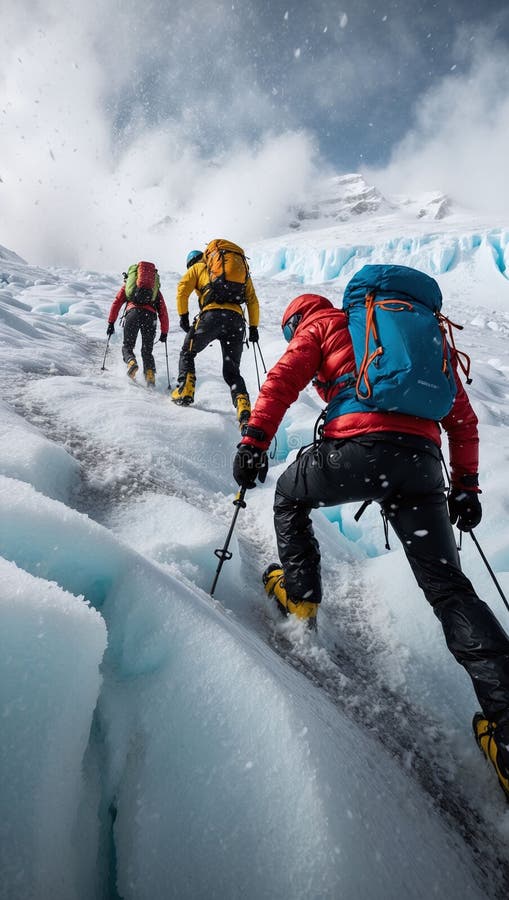 Cold and Windy Glacier with Climbers Struggling through Harsh ...