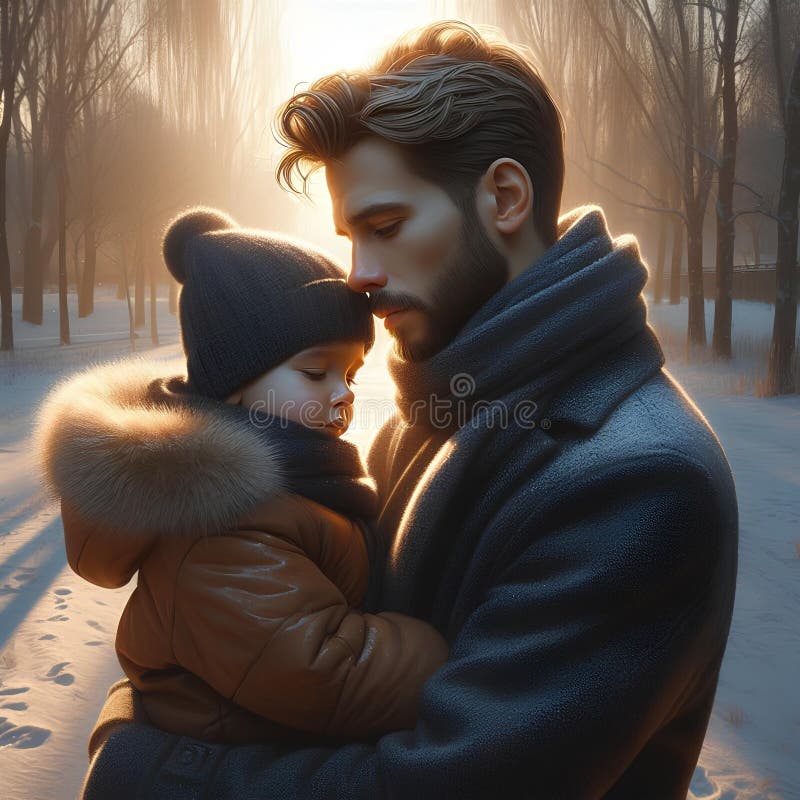 In a Cold Winter Day, the Father Holds His Little Son Stock ...