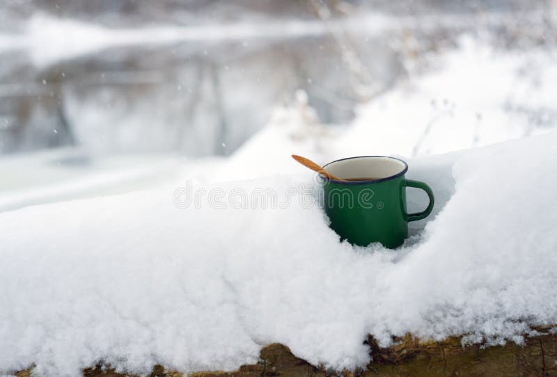 Cold winter and hot tea stock photo. Image of tree, snow - 85982584