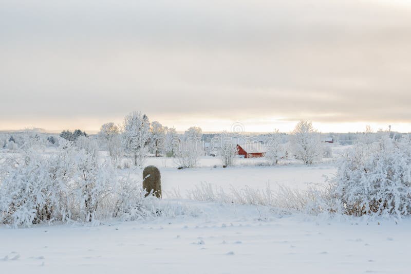 Cold Winter Landscape with a Milestone Stock Photo - Image of rural ...