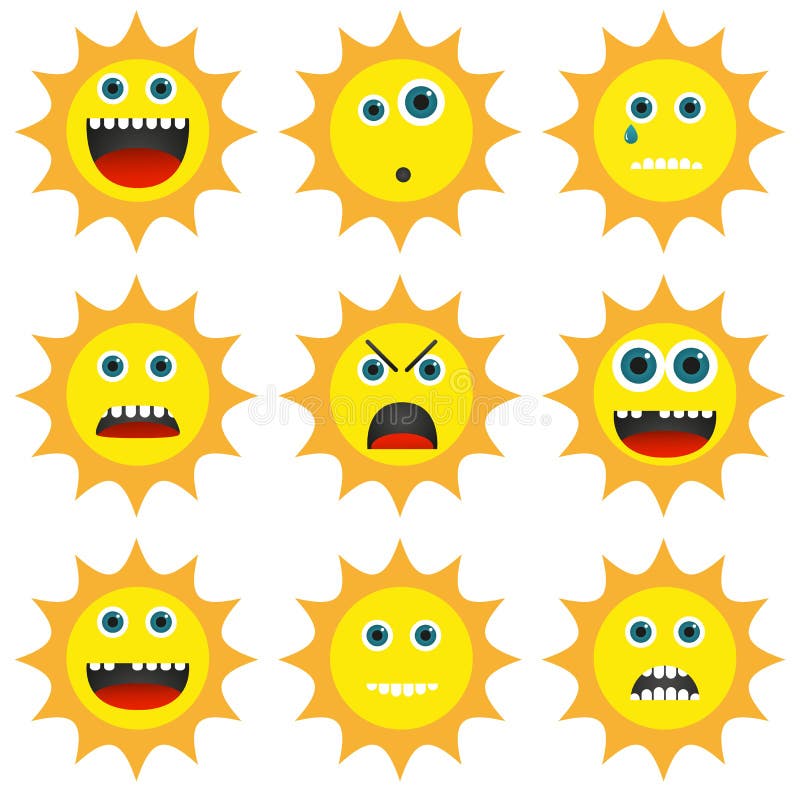 Colección De 9 Diversos Emoticons En Forma Del Sol Ilustración del ...