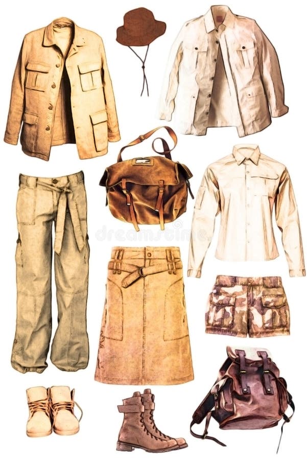 Colección De Estilo Del Safari De La Ropa Stock de ilustración ...