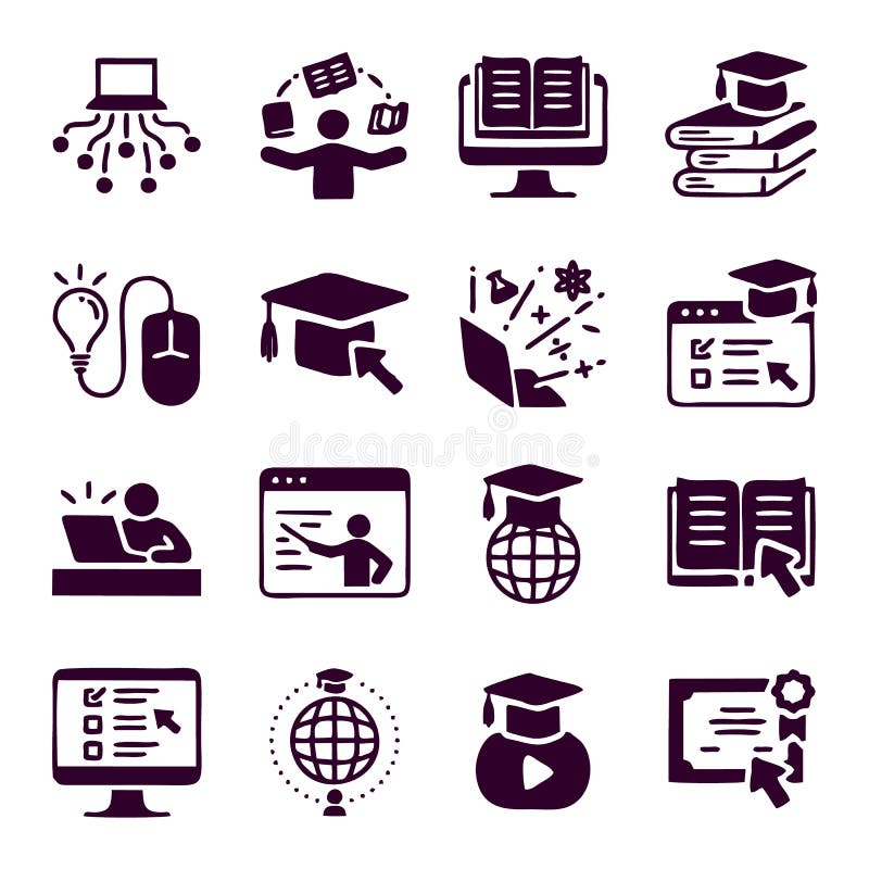 Colección De Iconos De Educación En Línea. Incluye Elementos Simples Como Tutoriales De Vídeo ...