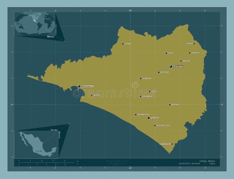 Colima, Mexico. Solid. Labelled Points of Cities Stock Illustration ...