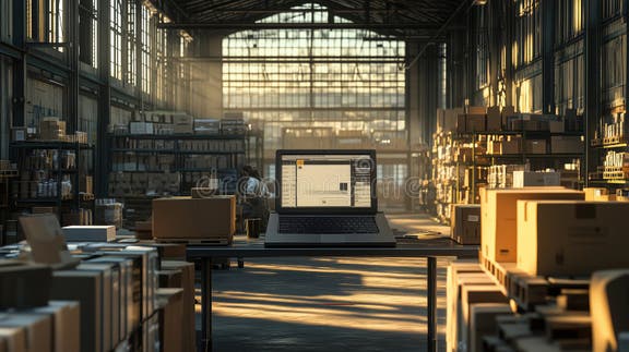 Collab Space with Laptop and Tablet in Warehouse during Work Hours ...