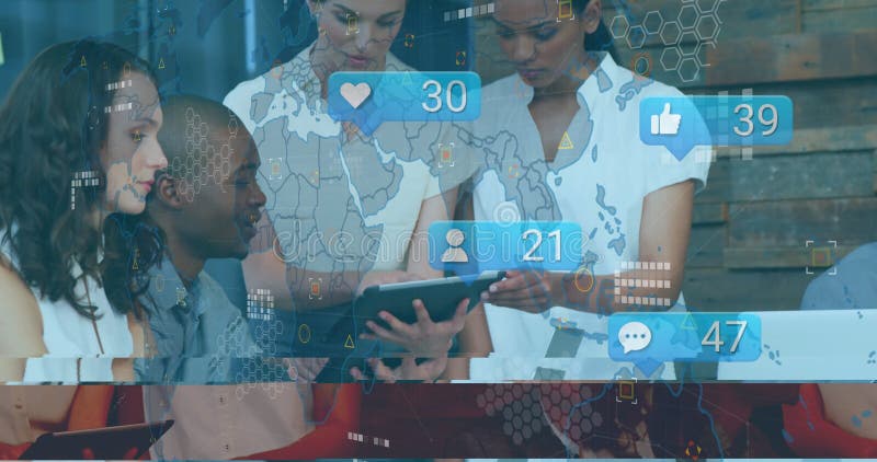 Collaborating on Animation, Diverse Team Using Tablet with World Map ...