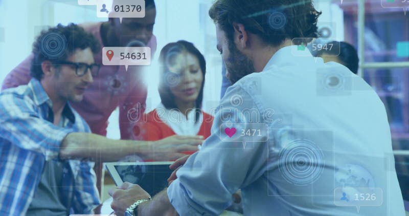 Collaborating with Animation Overlay, Diverse Group Using Digital Tablet in School Stock Footage ...