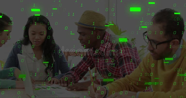 Collaborating Colleagues Pointing at Printed Documents and Laptop in Meeting Room, Binary ...