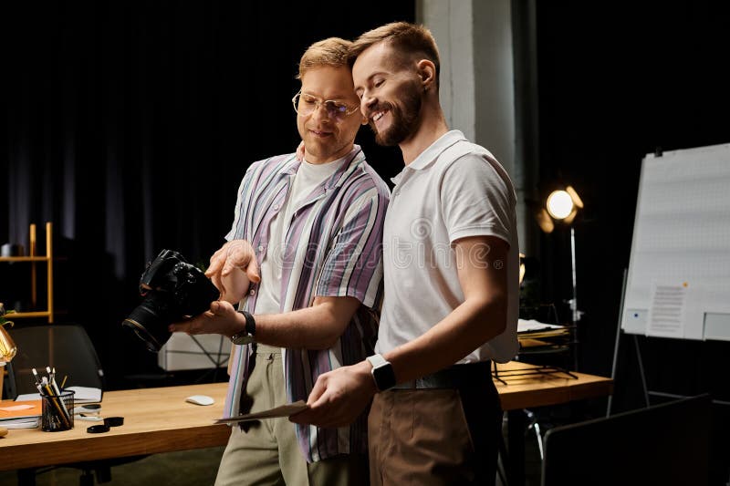 Collaborating Couple Charmed by Camera Stock Photo - Image of handsome ...
