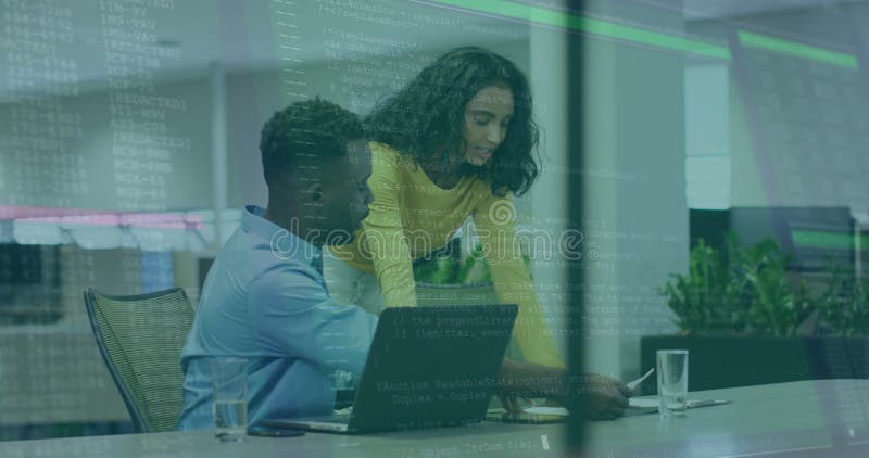 Collaborating Developer and Engineer Pointing at Code on Laptop at Open-plan Office with ...