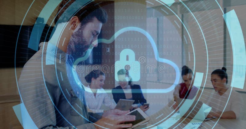 Collaborating in Office, Business Team with Cloud Security Animation ...