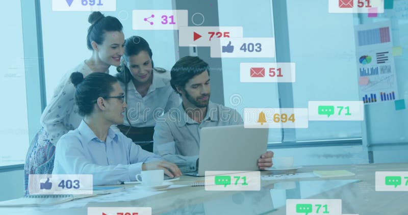 Collaborating in Office, Diverse Team with Social Media Notifications ...