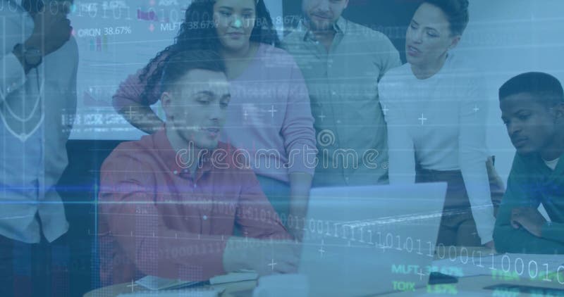 Collaborating Office Team Gathering Around Laptop in Conference Area ...