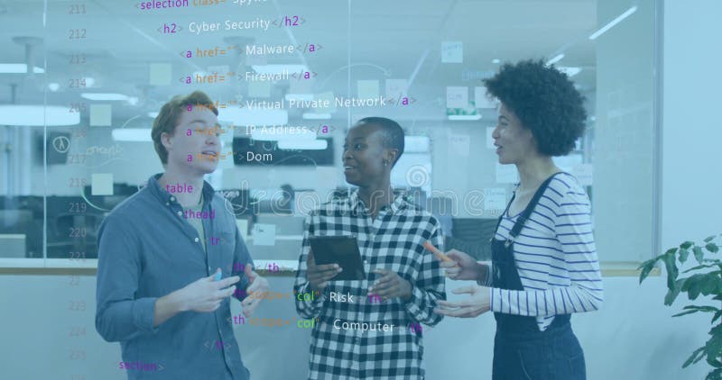 Collaborating it Professionals Analyzing Code on Glass Partition in Office with Tablet Marker ...