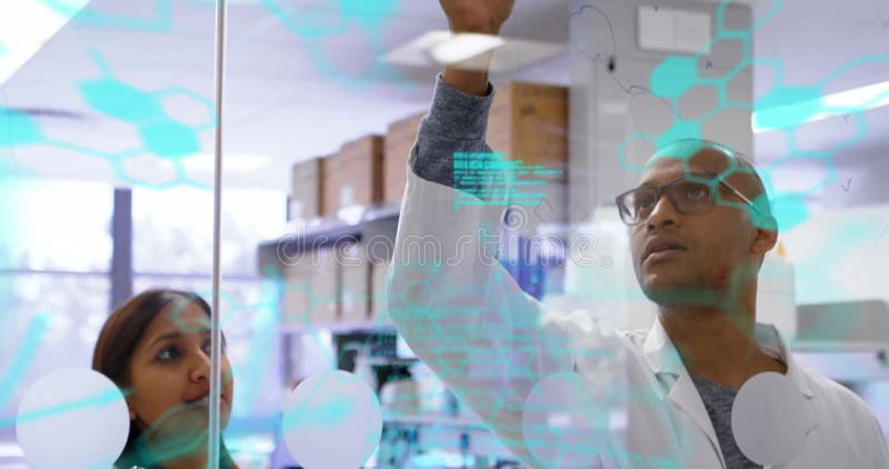 Collaborating Scientists Marking Glass Board at Research Lab, with ...