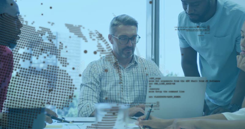 Collaborating Team Typing and Writing Notebooks in Office, with Laptop and World Map Code ...