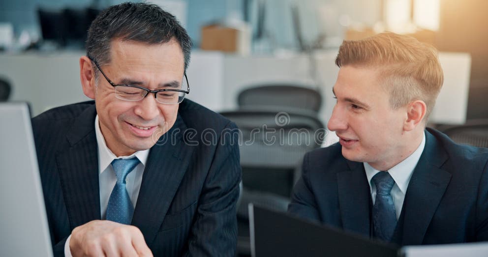 Collaboration, Computer and Smile of Business People in Office for ...