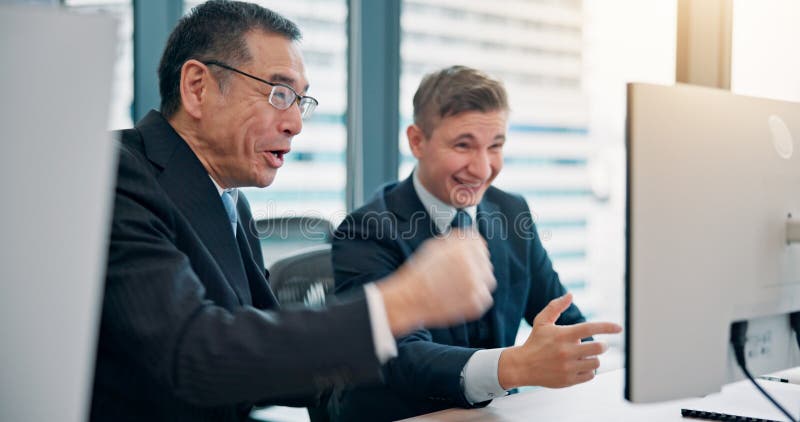 Collaboration, Computer and Success with Business People in Office for ...