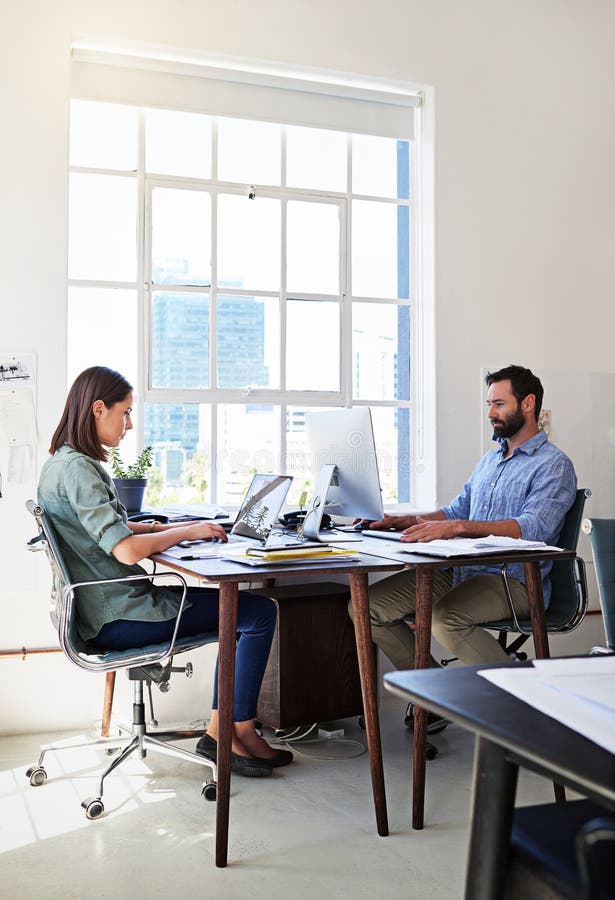 Collaboration, Concentration and Man and Woman in Coworking Space, Team ...