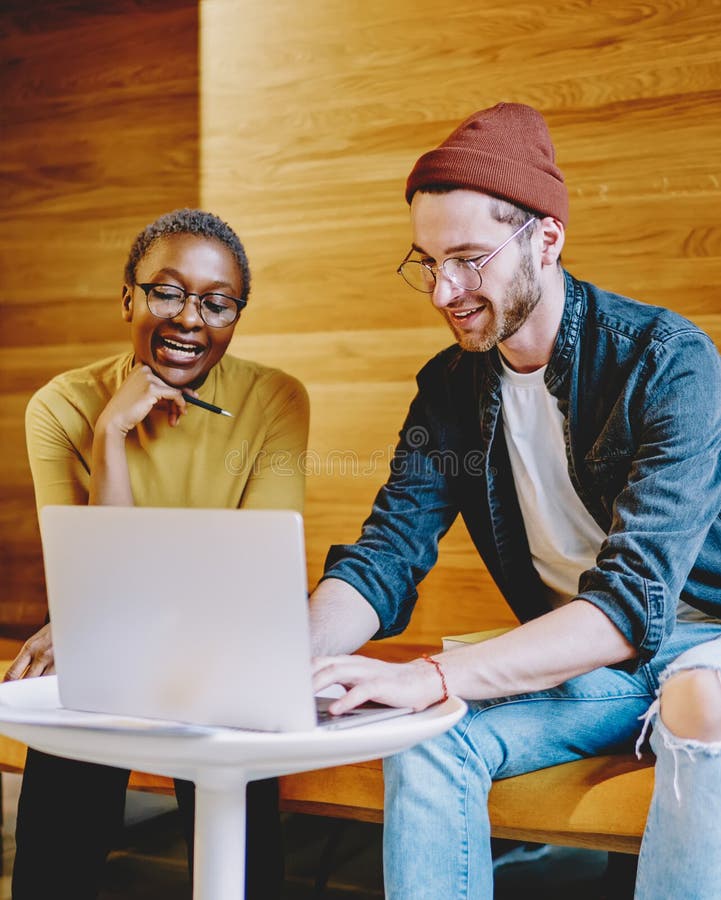 Collaboration Dark Skinned Coach and Hipster Guy on Presentation Stock ...