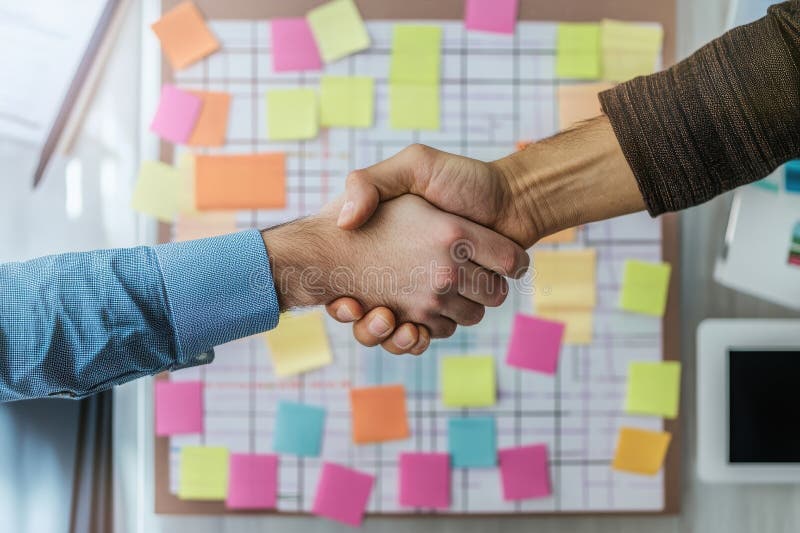 Collaboration Evident with a Firm Handshake Amid a Vibrant Task Board ...