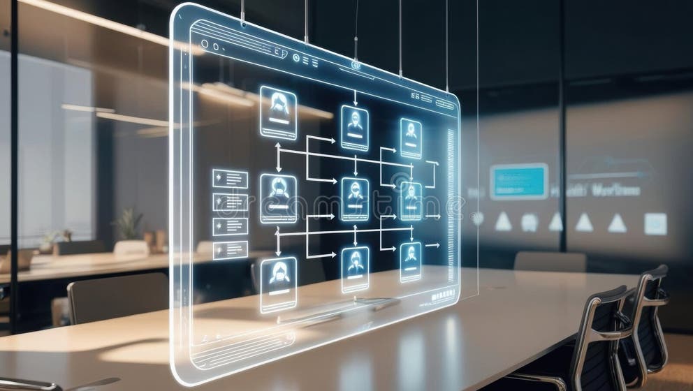 Collaboration Hologram Board with Glowing Task Icons in Ultra Modern ...