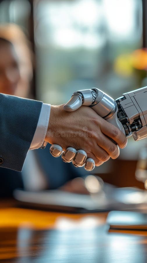 Collaboration of Human and AI, Man Shaking Hands with a Robot, Symbol ...