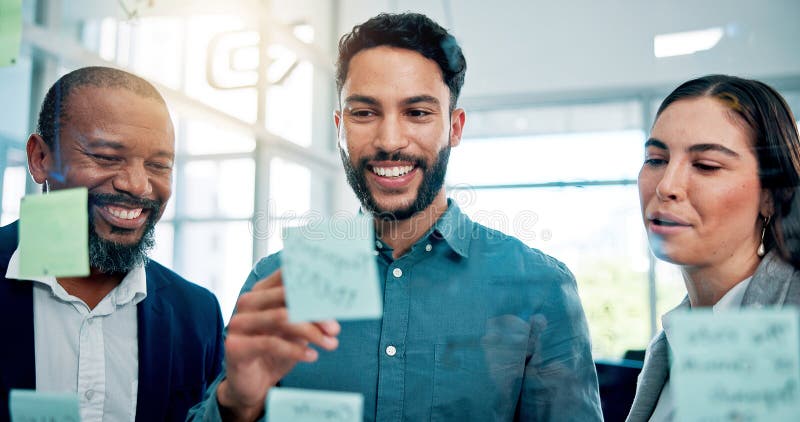 Collaboration, Ideas and Happy Business People at Glass with Teamwork ...