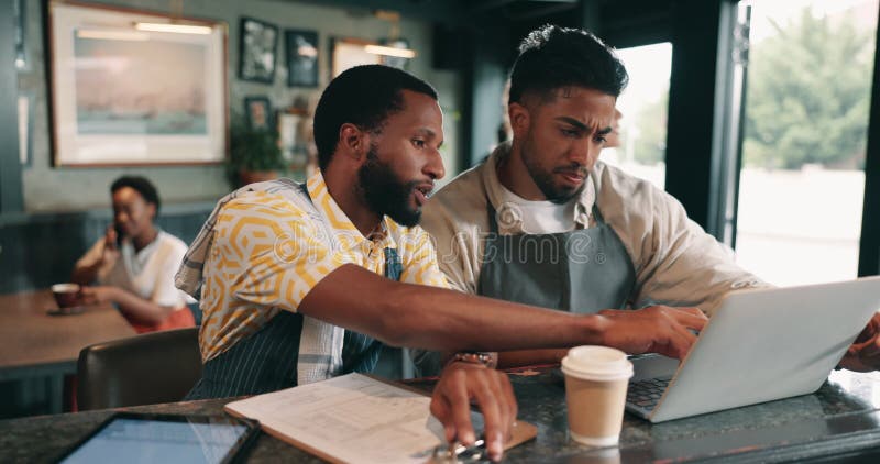 Collaboration, Laptop and Management with Men in Coffee Shop for ...