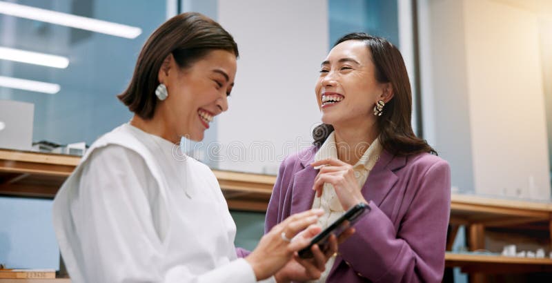 Collaboration, Laughing and Tablet with Business Women in Office for ...