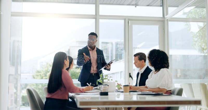 Collaboration, Meeting and Tablet with Business People in Office for ...