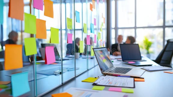 Collaboration in a Modern Office Setting with Sticky Notes and Laptops ...