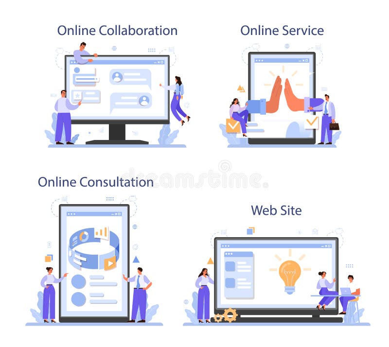 Collaboration Online Service or Platform Set. Office Characters Working ...