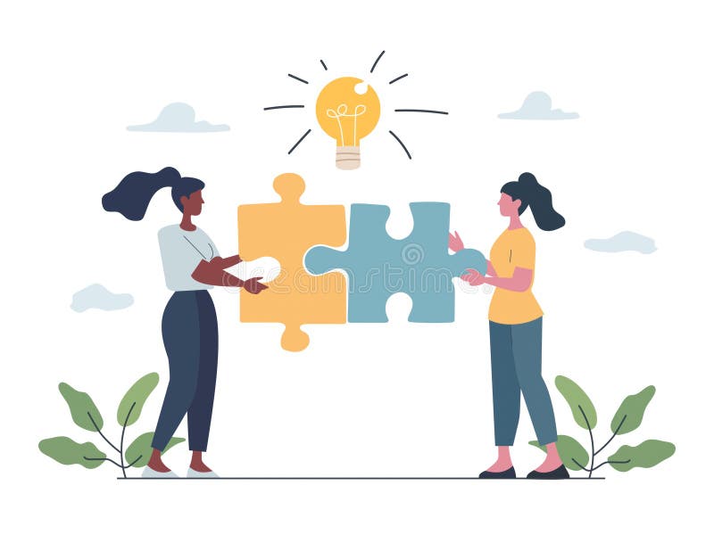 Collaboration in Puzzle Making with Light Bulb Idea. Vector ...