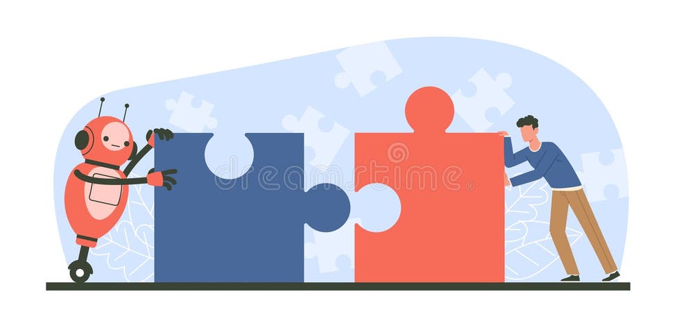 Collaboration between Robot and Man, Worker and Cyborg Connect Puzzle ...