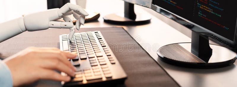 Collaboration between Robotic Hand and Human Software Developer. Trailblazing Stock Image ...