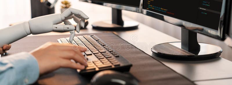Collaboration between Robotic Hand and Human Software Developer. Trailblazing Stock Photo ...