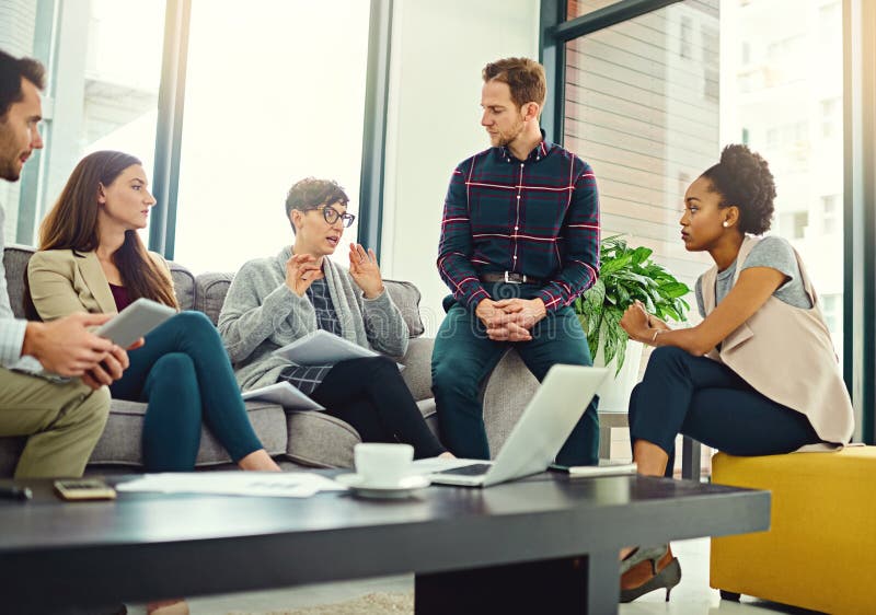 Collaboration, Talking and Business People with Laptop on Sofa for ...