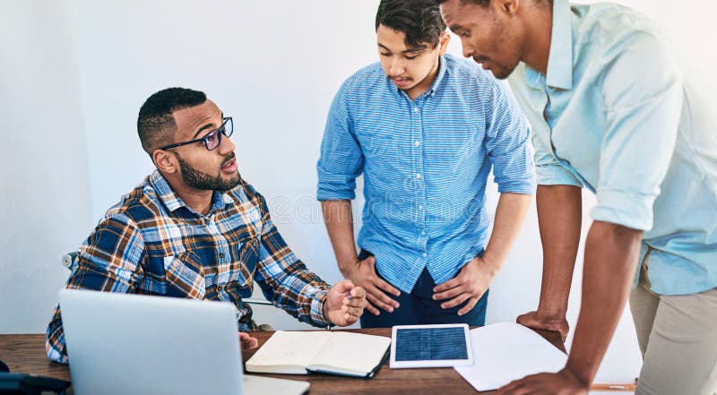 Collaboration, Tech and Men in Modern Office with Meeting Notes for ...