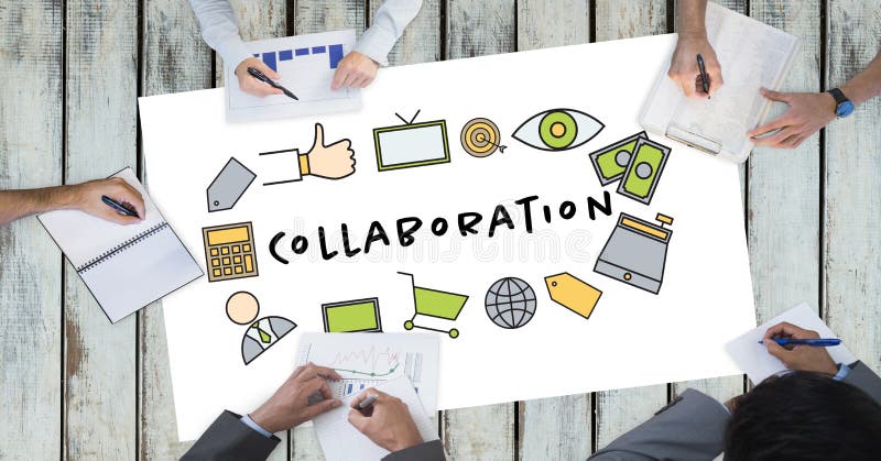 Collaboration Text with Icons and Business People`s Hands Stock ...