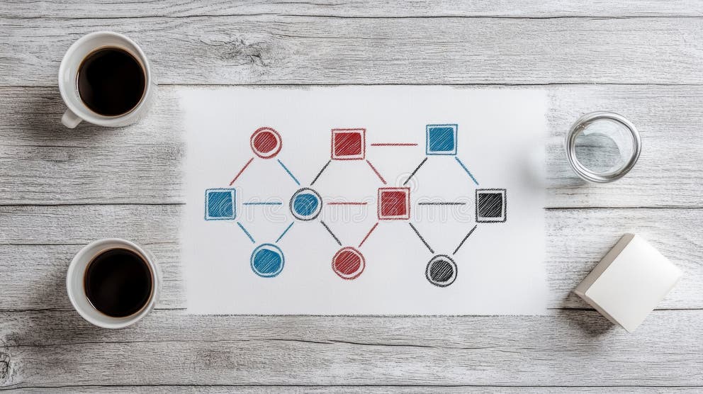 Collaborative Brainstorming, Diagram on White Paper with Coffee Cups ...